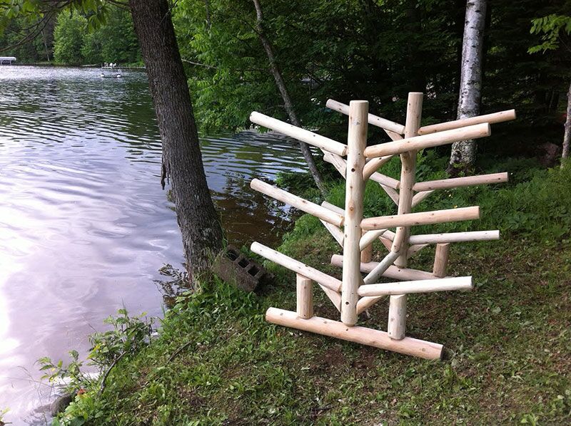 Freestanding Kayak & SUP Rack | Cedar Log Storage Racks for 6 Kayaks
